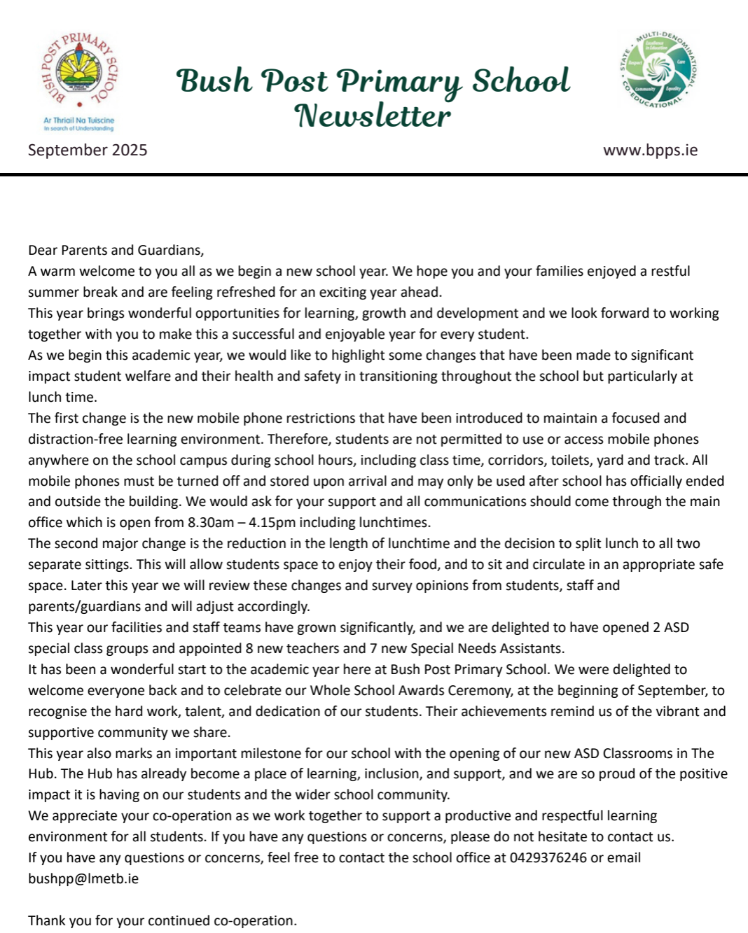 September Newsletter - Bush Post Primary School